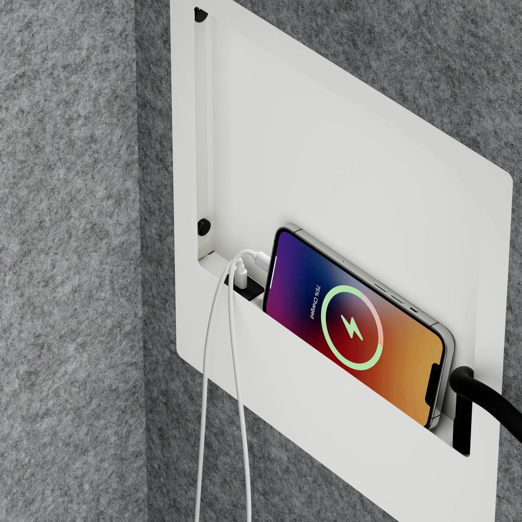Kancelářská akustická kabina se sedátkem a USB-C portem, korpus bílý / sedák šedá, 1150 mm: SALLY MentalBox