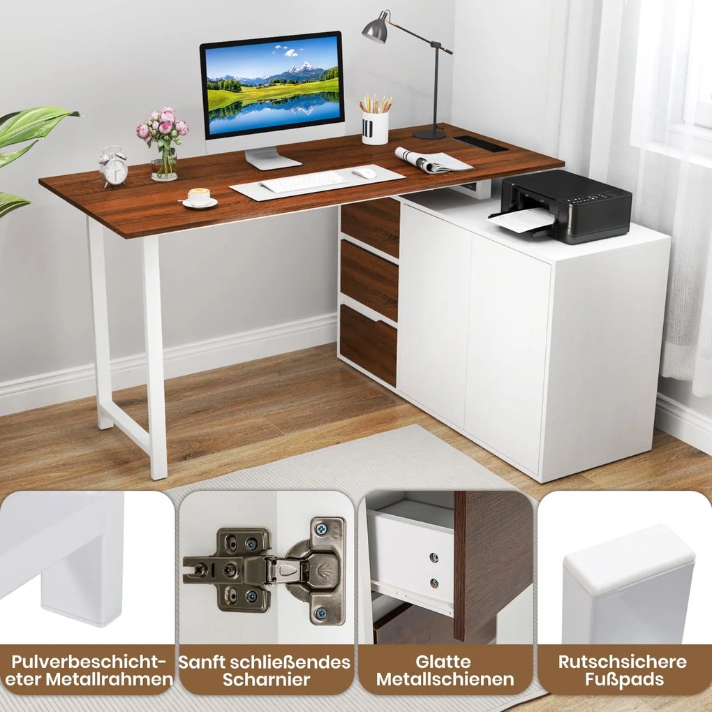Costway Stůl ve tvaru L s kartotékou a zásuvkou 138 cm