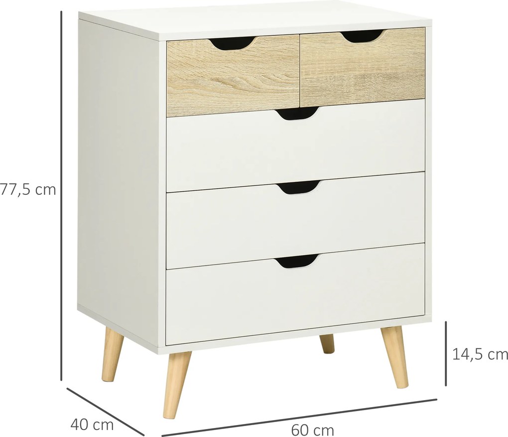 HOMCOM Komoda s 5 zásuvkami a zvýšenými nohami pro ložnici, obývací pokoj i kancelář, moderní styl, proti převrhnutí, 60x40x77,5 cm, přírodní a bílá