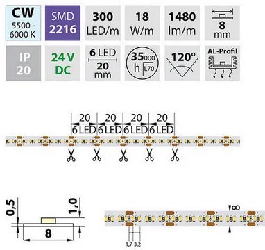 LED pásek McLED 24V studená bílá š=8mm IP20 18W/m 300LED/m SMD2216 ML-126.738.60.0