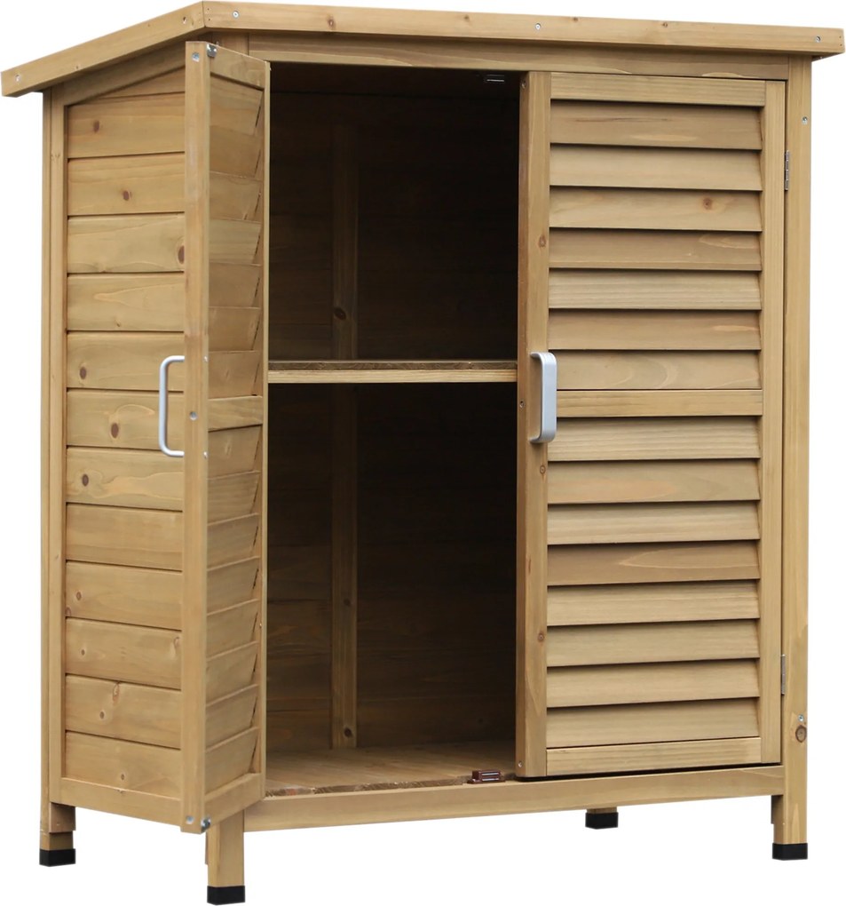 Dřevěná zahradní kůlna Outsunny 87x46,5x96,5 cm se 2 vnitřními policemi, 2 větranými dveřmi a šikmou střechou pro venkovní terasu