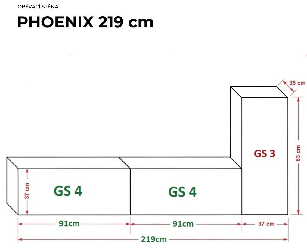 Ral Obývací stěna PHOENIX 1, 219 cm - Bílý lesk