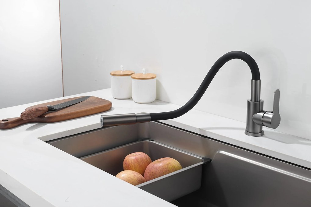 Gamma Flex 4000, stojánková dřezová baterie s flexibilním ramenem, 2-funkční výtok, černá-grafitová, GMA-BFX-4000GM