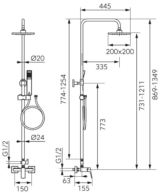 Ferro Vitto Verdeline, sprchová sada 150 mm s horní dešťovou hlavicí, černá matná, NP81-BVI7UVL-BL