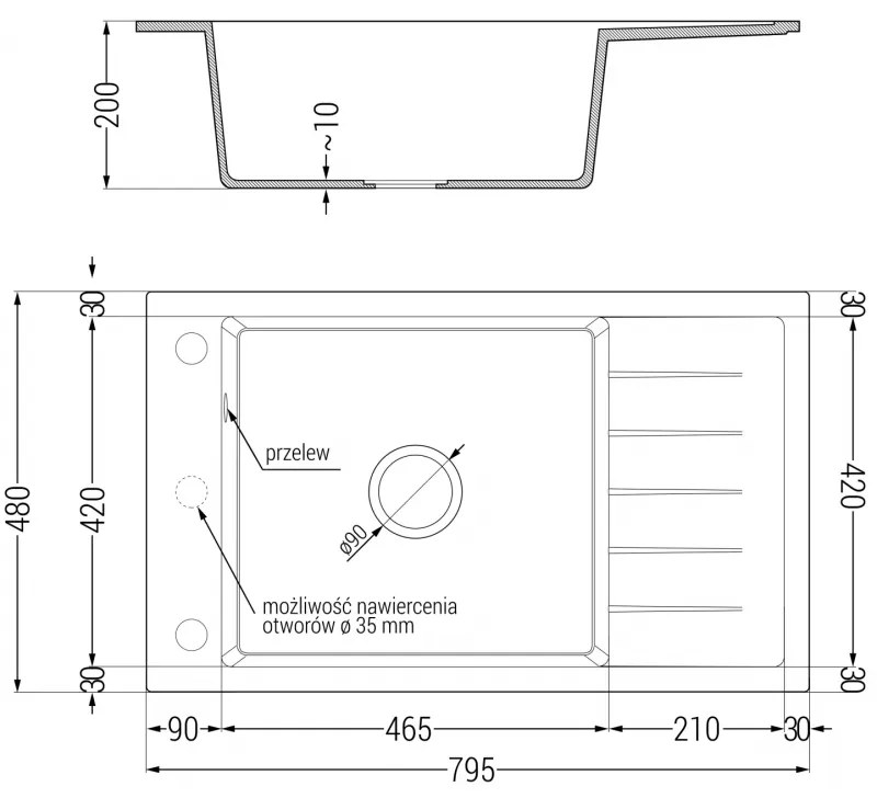 Mexen Elias 1-miskový granitový dřez s krátkým odkapávačem 795 x 480 mm, Černá/Stříbrná kovová - 6511791005-73