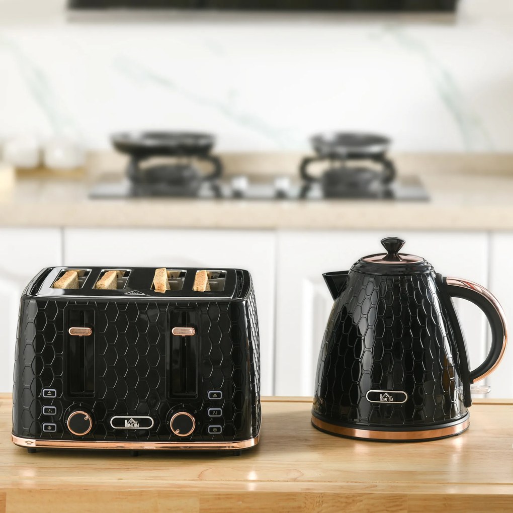 HOMCOM 2v1 kuchyňská sada, toustovač a rychlovarná konvice, různé možnosti, 1,7 l, 4 krajíce toastu najednou, plast, černá