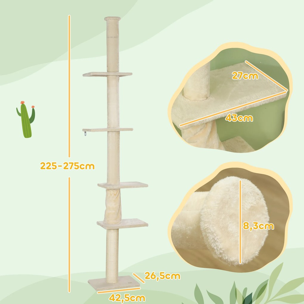 PawHut škrabadlo stropní, strom pro kočky, 225-275 cm škrabadlo pro kočky s plošinami, nábytek pro kočky s ochranou proti překlopení, krémově bílé | …