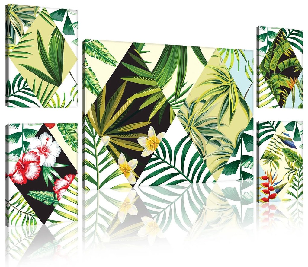 Postershop Obraz na plátně: Malovaná tropická flóra (3) - set 1ks 70x50 cm a 4ks 32,4x22,8 cm