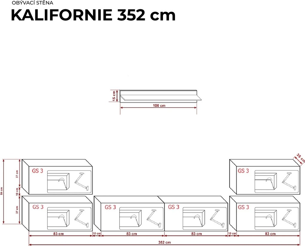 Ral Obývací stěna KALIFORNIE 3, 352 cm - Černý lesk