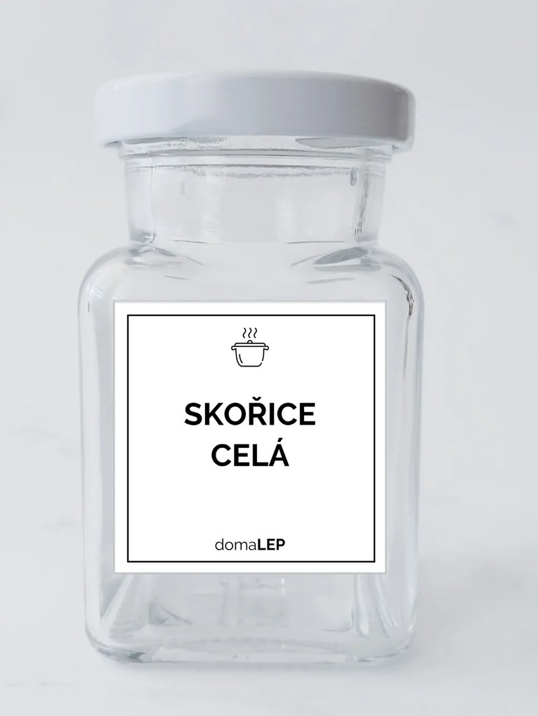 Samolepka na kořenky SKOŘICE CELÁ bílá 5 × 5 cm tučné písmo