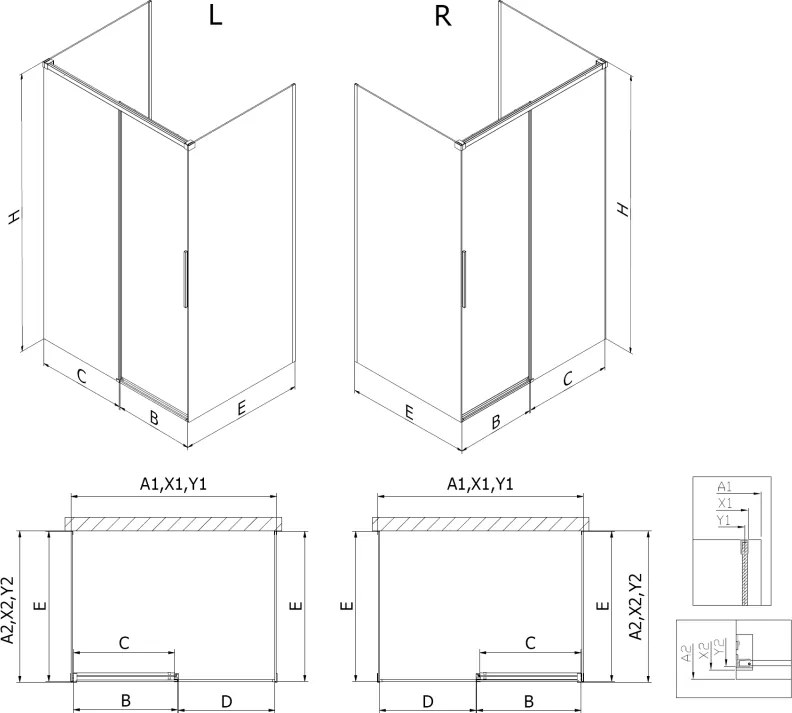 Mexen Rox-3S, 3-stěnný posuvný sprchový kout 110 x 75 cm, čiré sklo, zlatý profil, 8C2-110-075-50-00-3S