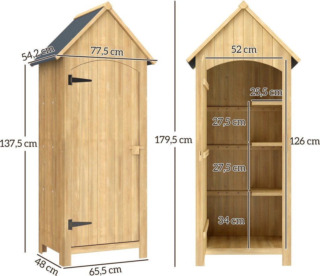 Outsunny Zahradní Chata z Dřeva 77,5x54,2x179,5 cm 0,3 m² Exteriérová Zahradní Chata s Uložením Nářadí, 3 Policemi a 2 Zamykacími Dveřmi pro Terasu