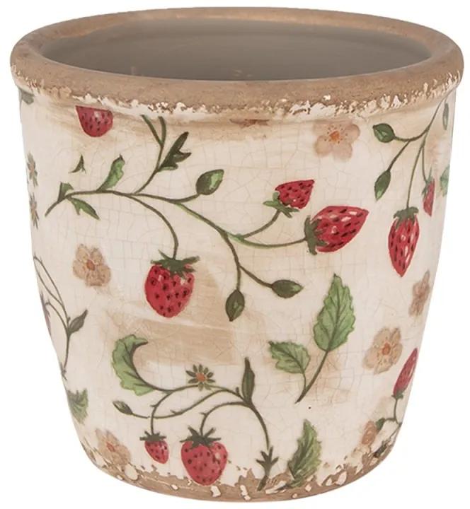 Béžový keramický obal na květináč s jahůdkami Wild Strawberries S - Ø 13*13 cm