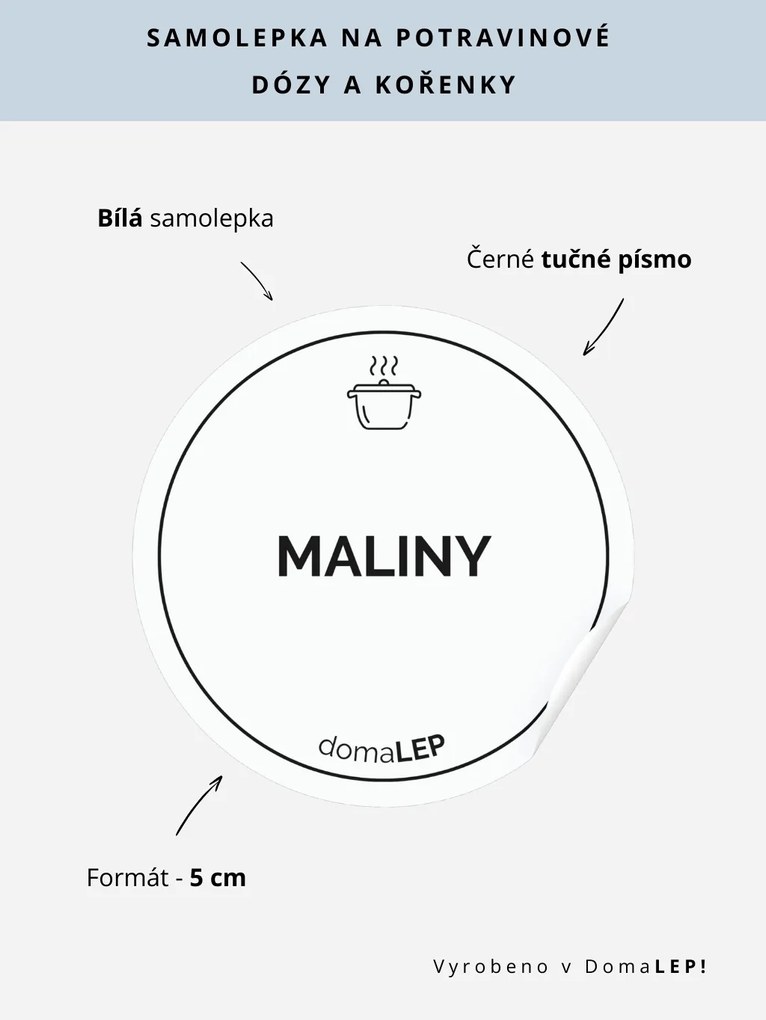MALINY – bílá samolepka na dózu, tučné písmo, 5 cm | DomaLEP