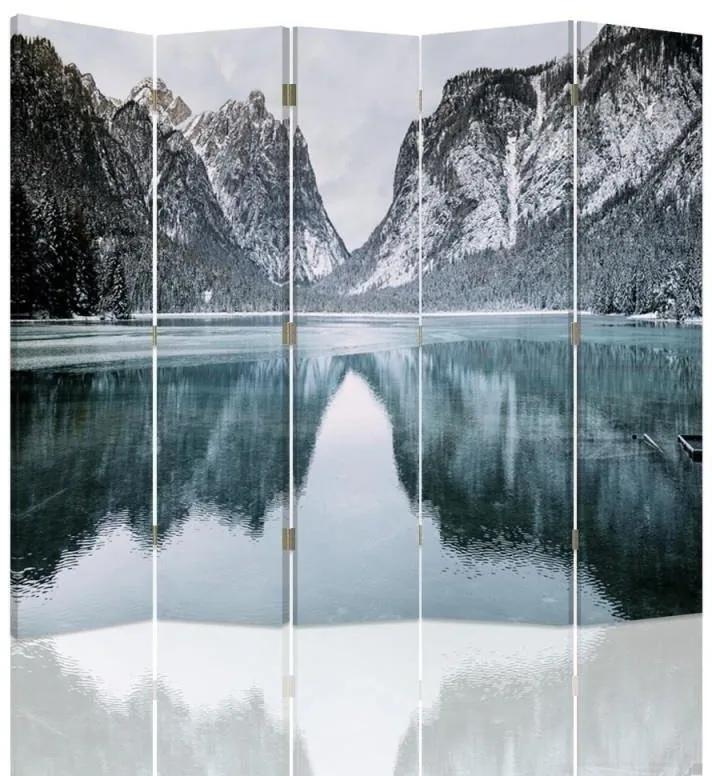 Ozdobný paraván Hory Jezero Krajina - 180x170 cm, pětidílný, obustranný paraván 360°