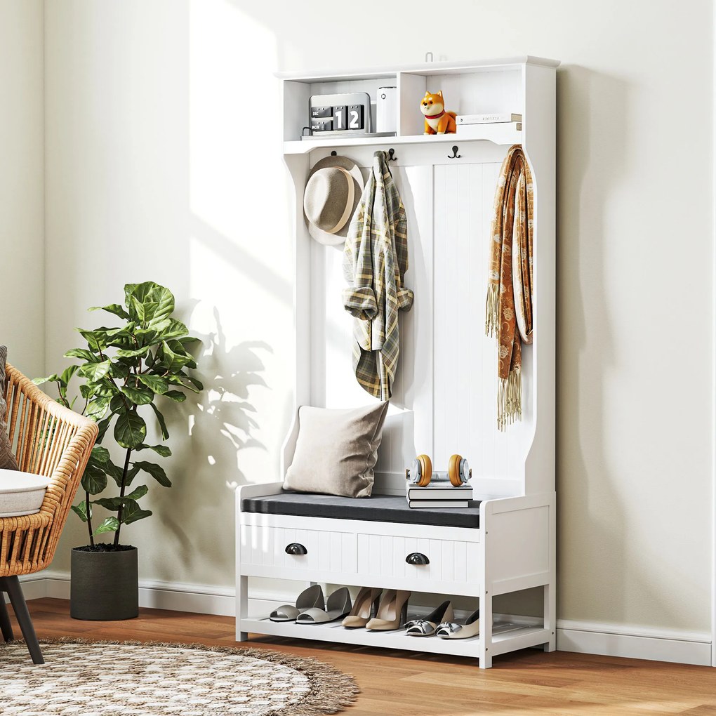 HOMCOM 2-in-1 Stojan na kabáty, Clothes Rack se 4 háčky, Skříňka s botníkem a policemi, Stojan na kabáty s protišmykovou ochrany, do předsíně, chodby…