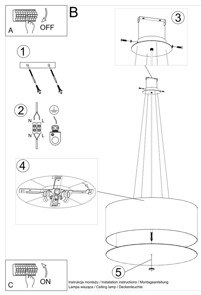 Závěsné svítidlo Otto, 1x černé textilní stínítko, (bílé sklo), (fi 70 cm)