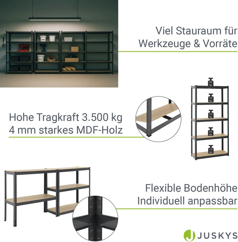 Juskys Sada kovových regálů Basic 180 × 90 × 40 cm Barva: šedá, Velikost sady: 8 ks
