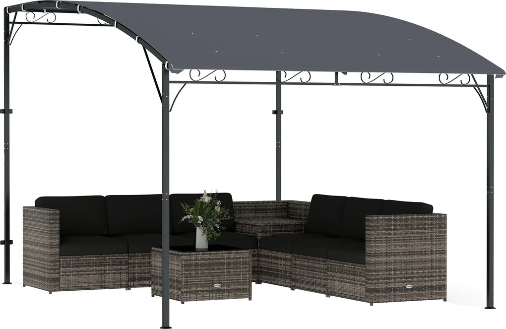Outsunny stěnová zahradní pergola, 384 × 286 × 252 cm — šikmá drenážní střecha, nepromokavá stříška UPF30+, práškově lakovaný kovový rám, šedá | Aosom