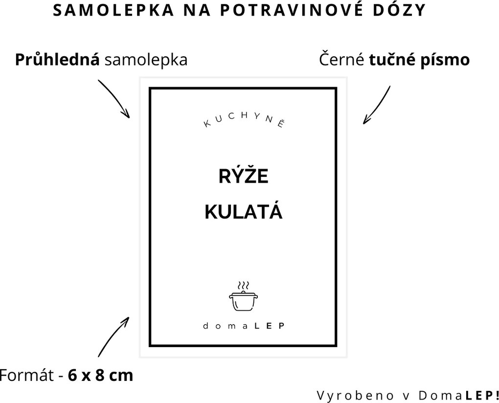 RÝŽE KULATÁ - omyvatelná samolepka na dózu, výběr rozměrů Ø 5 cm / 5 x 5 cm / 6 x 8 cm | DomaLEP tvar: ČTVEREC, barva: PRŮHLEDNÁ - ČERNÉ písmo, velikost: š. 5 cm x v. 5 cm - tučné písmo