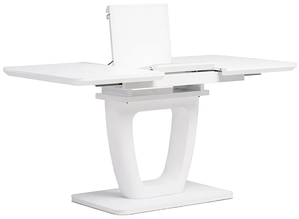 Jídelní stůl HT-430 WT 110+40x75 cm, bílá skleněná deska, MDF a bílý matný lak