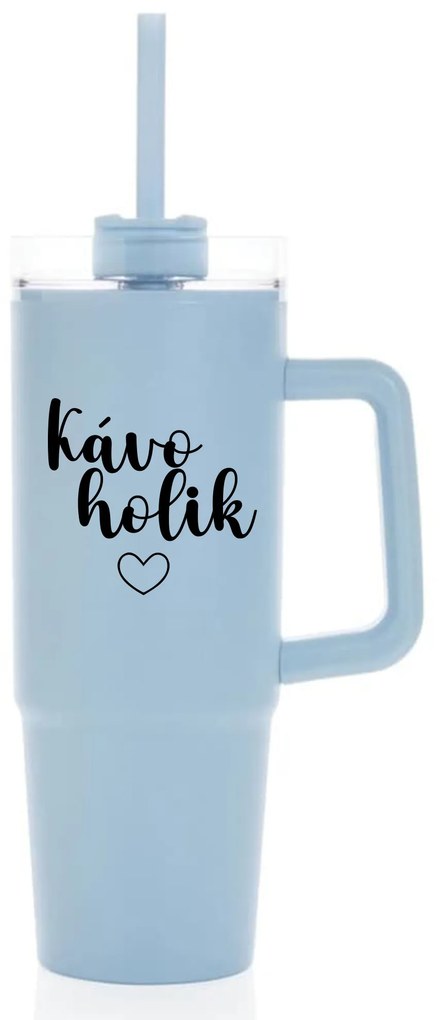 KÁVOHOLIK - světle modrý cestovní termohrnek s průhledným víčkem 900 ml