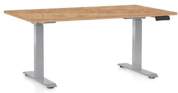 Výškově nastavitelný stůl OfficeTech D, 140 x 80 cm, šedá podnož, dub kraft