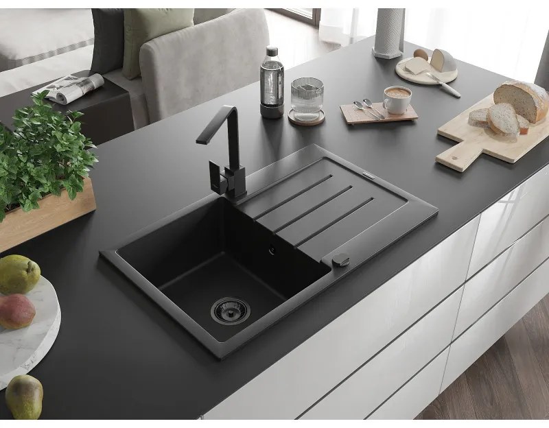 Mexen Bruno, dřez granitový 795x495x200 mm, 1-komorový, černá s černým sifonem a černá dřezová baterie Rita, 6513-77-670300-70-B