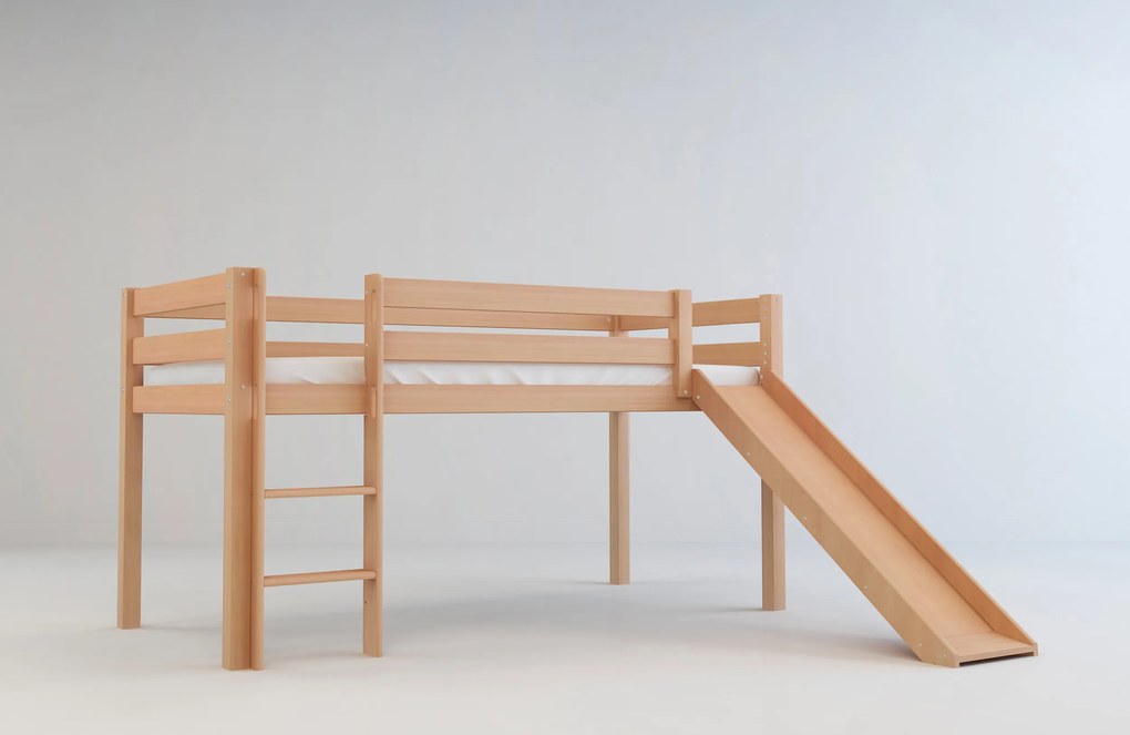 MAXMAX Dětská vyvýšená postel se skluzavkou z MASIVU BUK - TIM 200x90cm - přírodní