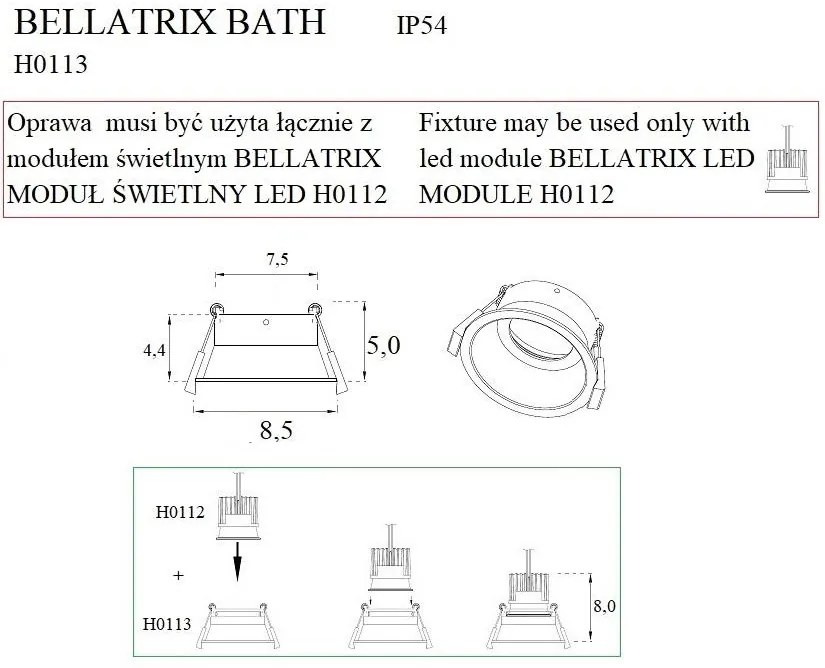 Maxlight H0113 BELLATRIX Zápustné koupelnové svítidlo IP54, bílé, bez LED modulu H0112