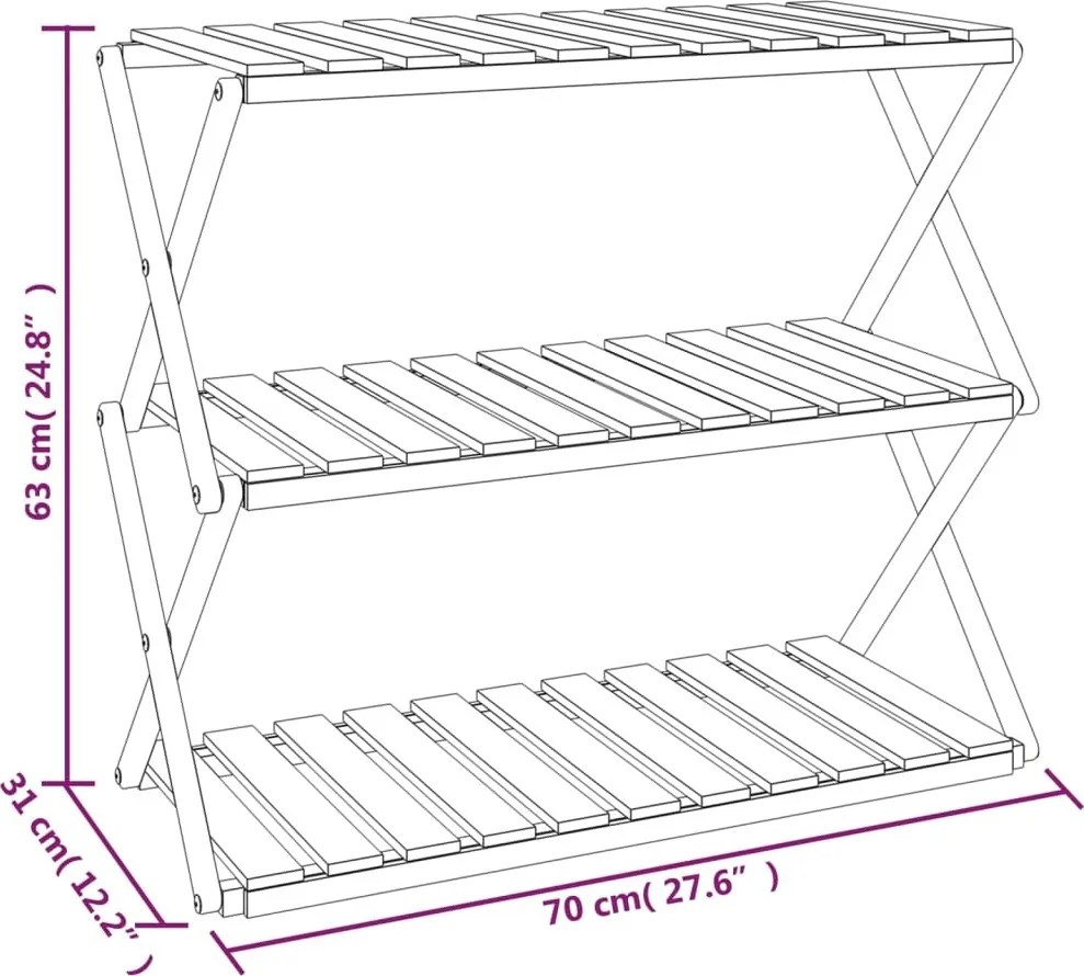 vidaXL 3patrový skládací regál 70 x 31 x 63 cm masivní akáciové dřevo [153328]