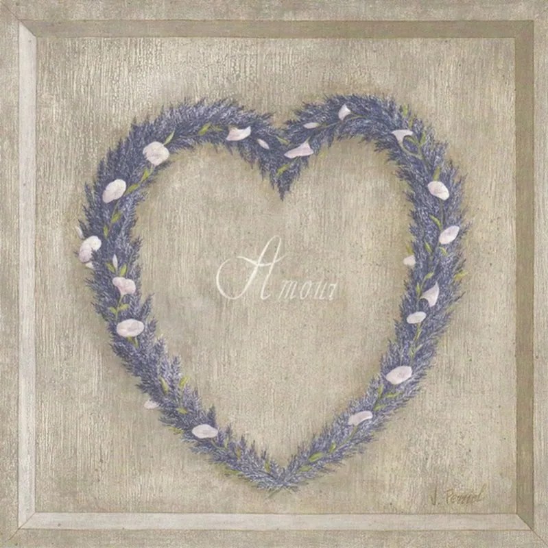 ART-STYLE Obrázek 50x50, modré srdce levandule, rám bílý s patinou