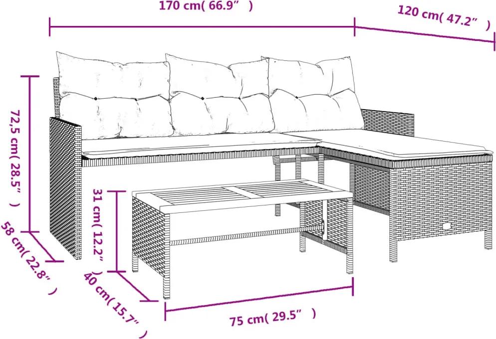 vidaXL Zahradní pohovka ve tvaru L stolek a podušky polyratan [365583] Barva: Černá a krémová