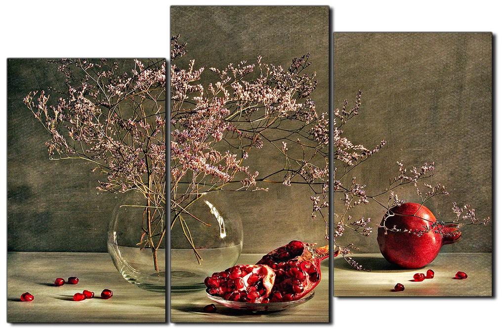 Obraz na plátně - Zátiší - větev a granátové jablko 1274D (135x90 cm)