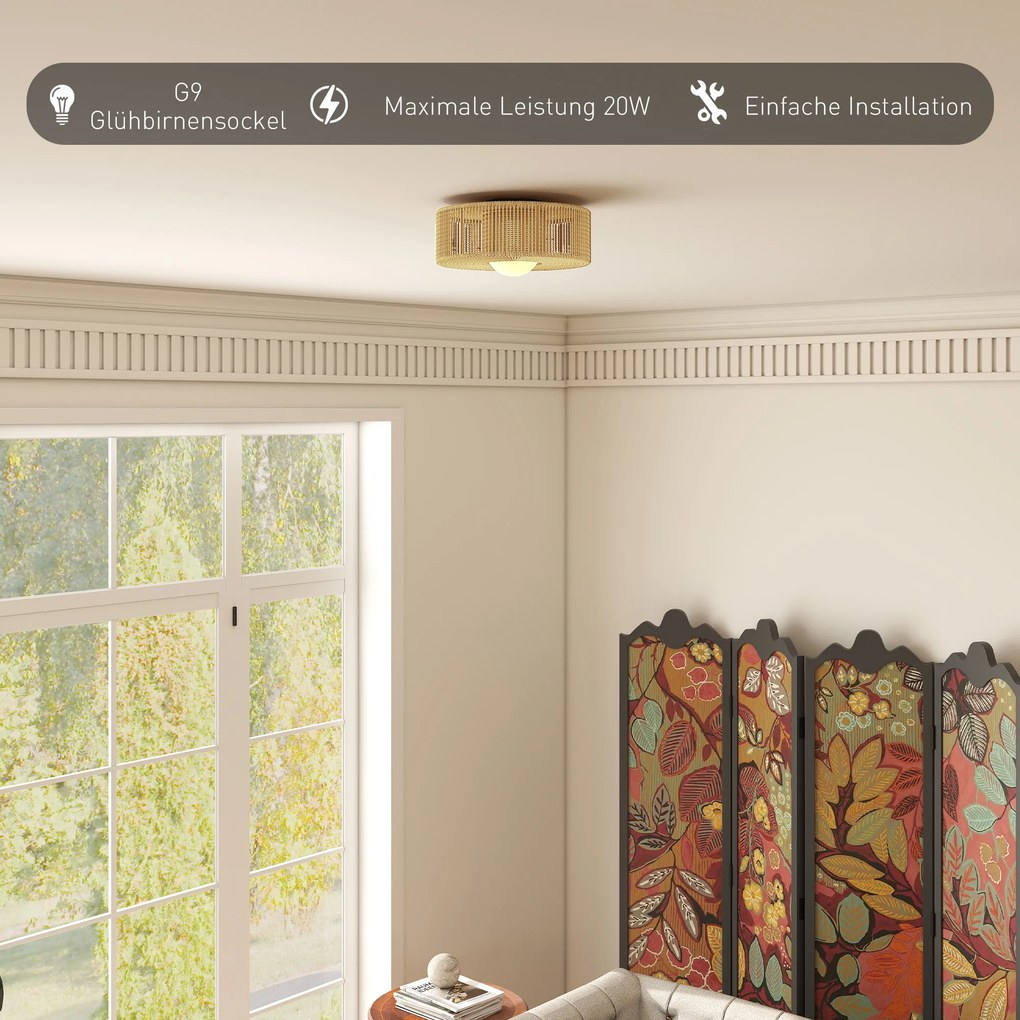 Stropní svítidlo, boho stropní lampa s objímkou G9 LED, kulaté stínítko z konopného provazu