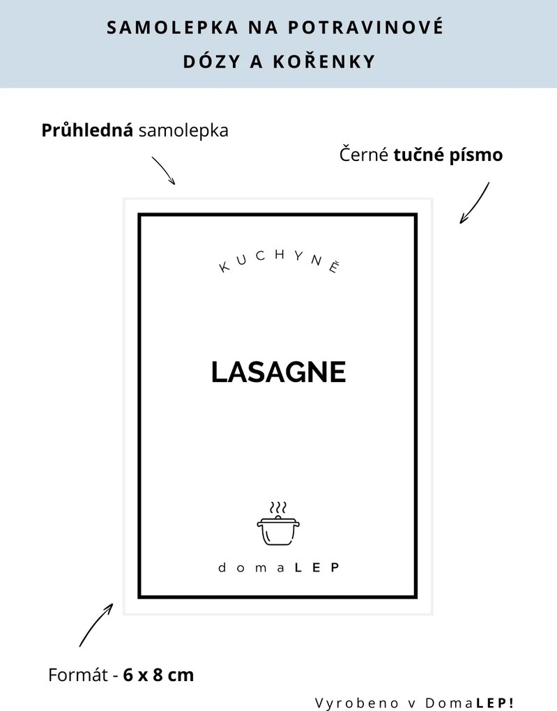 LASAGNE – průhledná samolepka na dózu, tučné písmo, 6 x 8 cm | DomaLEP