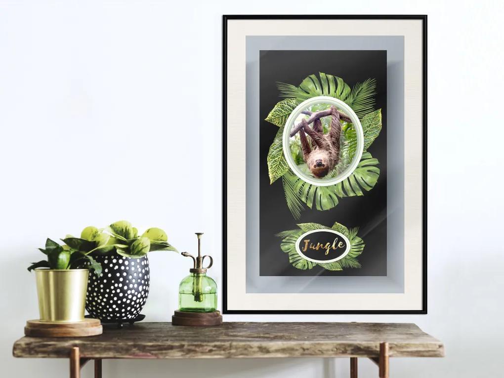 Plakát Lenochod - hnědé zvíře a tropické zelené listy na černém pozadí