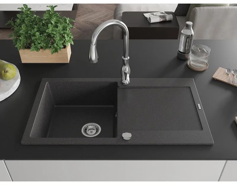 Mexen Leo, 1-komorový granitový dřez 900x500x190 mm a dřezová baterie Savita, černá skvrnitá, 6501-76-672601-00