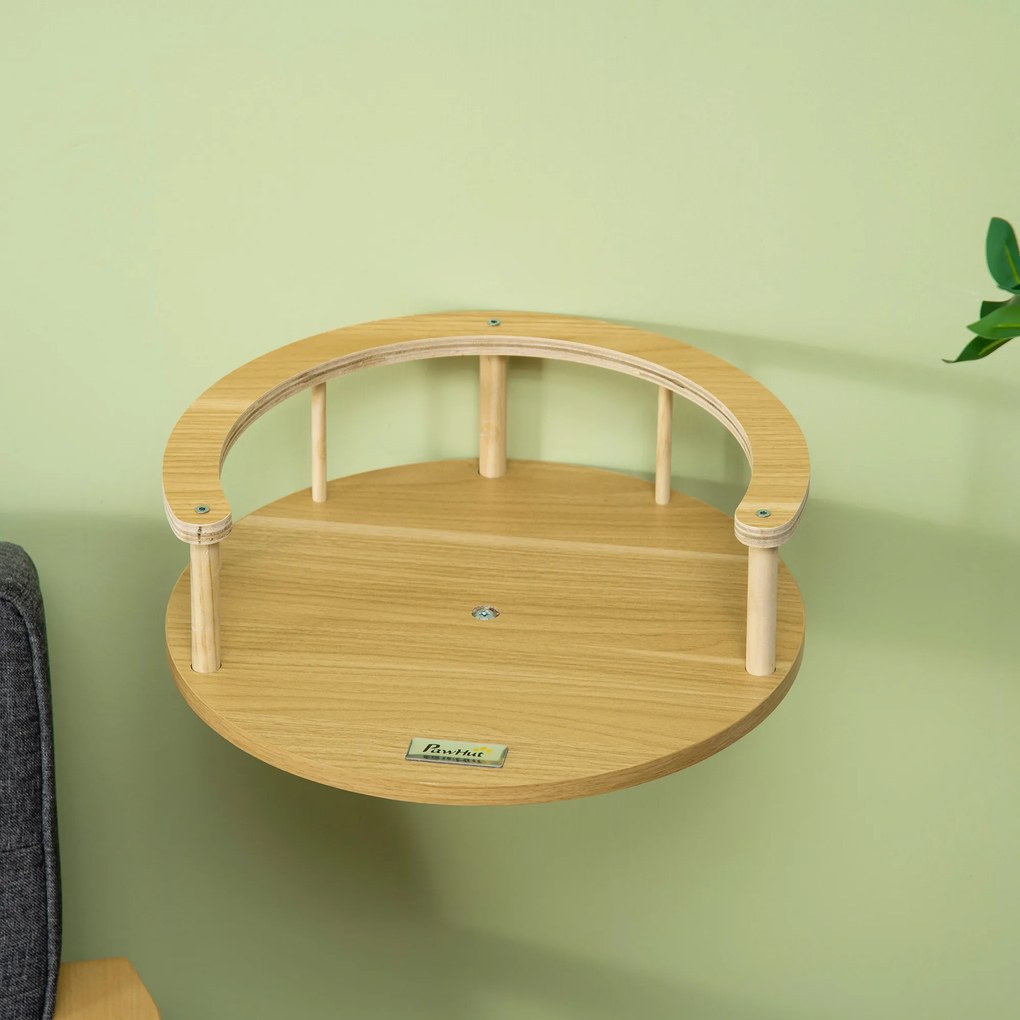 PawHut pelíšek pro kočky k montáži na stěnu Lehátko pro kočky s ochranným okrajem a polštářem, dub+krémově bílá, Ø34x10,5 cm