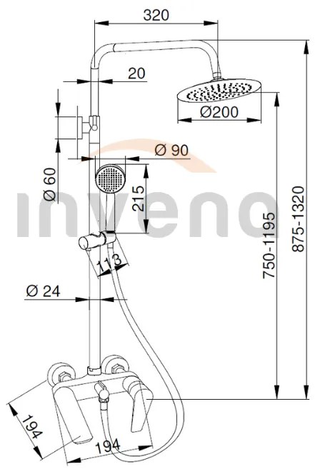 Invena Dokos, páková vanová/sprchová baterie s hlavovou dešťovou sprchou 20cm, černá matná, INV-AU-19-B04-V