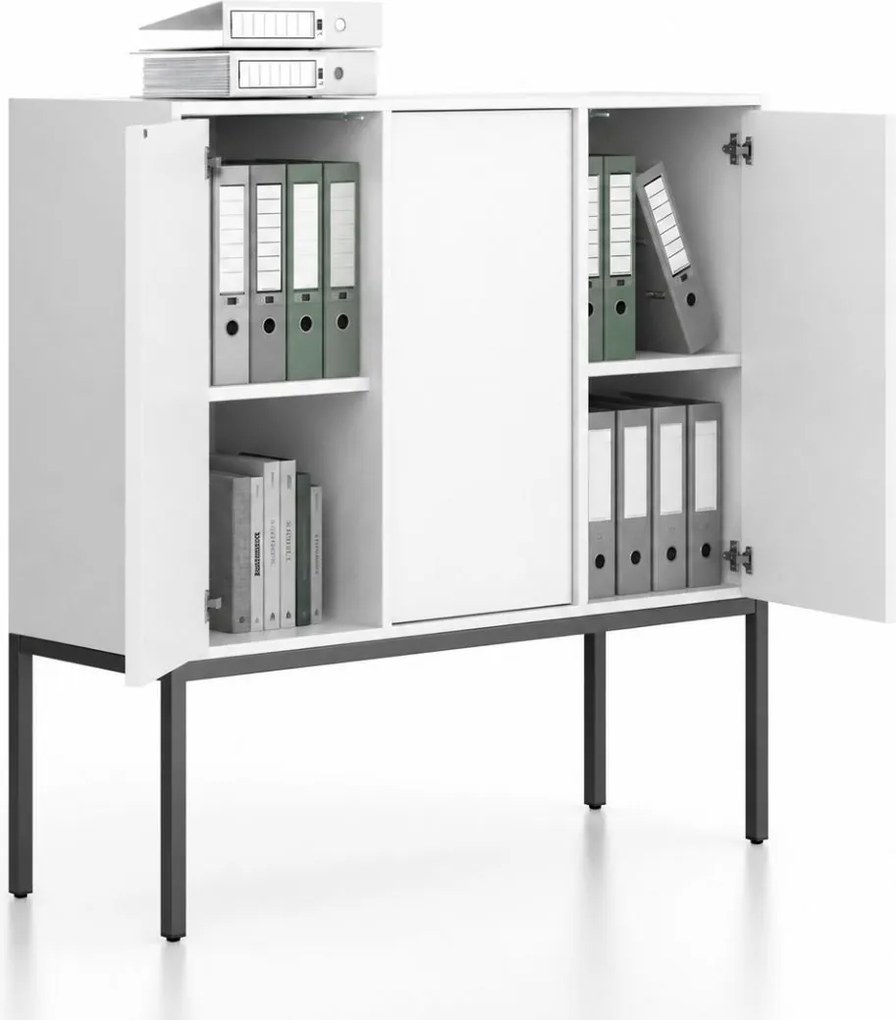 Kancelářská skříň FRAME, nízká, černá podnož, 3x dveře, 1299 x 450 x 1331 mm, PUSH-lock, bílá