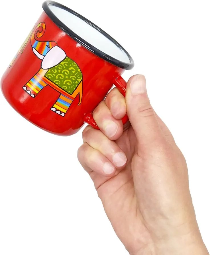 Smaltovaný hrnek Sloni, 350 ml – červený, ručně malovaný, český design s motivem slonů