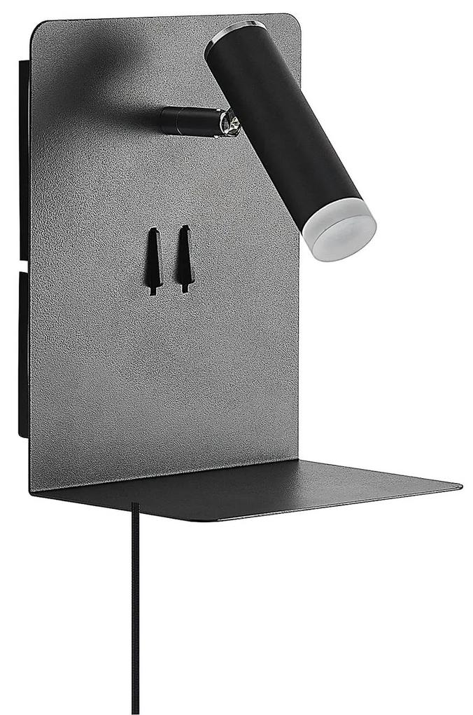 Lucande Zavi LED nástěnný spot polička, USB, černá