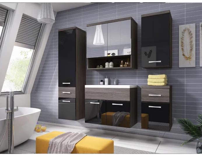 Koupelnový nábytek WESLEY - šedý modřín bodega / lesklý černý + sifon ZDARMA