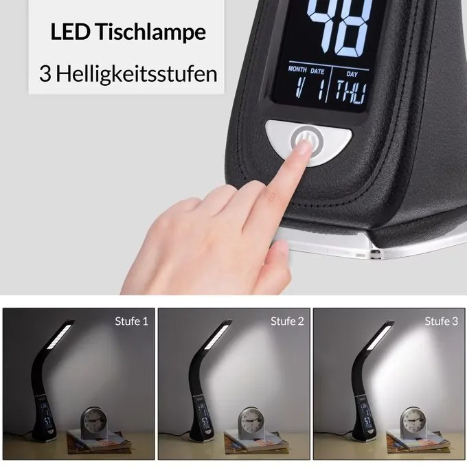 Stolní LED lampa Lilly, nastavitelné rameno, kožený vzhled, černá 107702