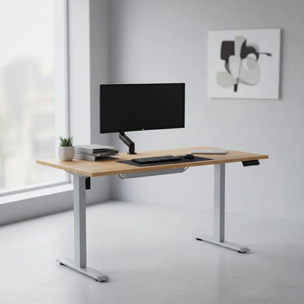 Výškově nastavitelný stůl OfficeTech B, 140 x 80 cm, šedá podnož, dub zlatý