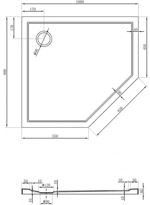 Mexen Flow, pětiúhelníková sprchová vanička slim 100 x 90 cm, levá, černá matná - 46P709010L
