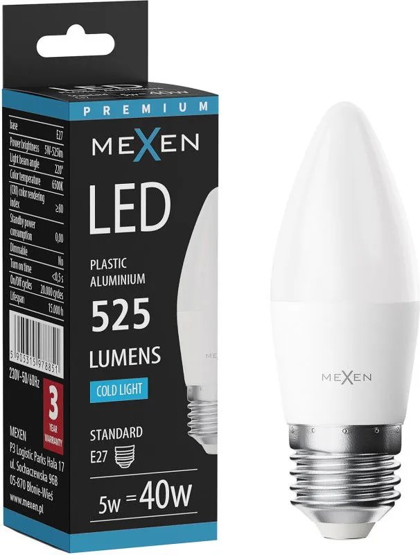 Mexen Nova LED žárovka E27, C37, 5W, Studená - 6500K, 525 lm - L102-E27-0565-01