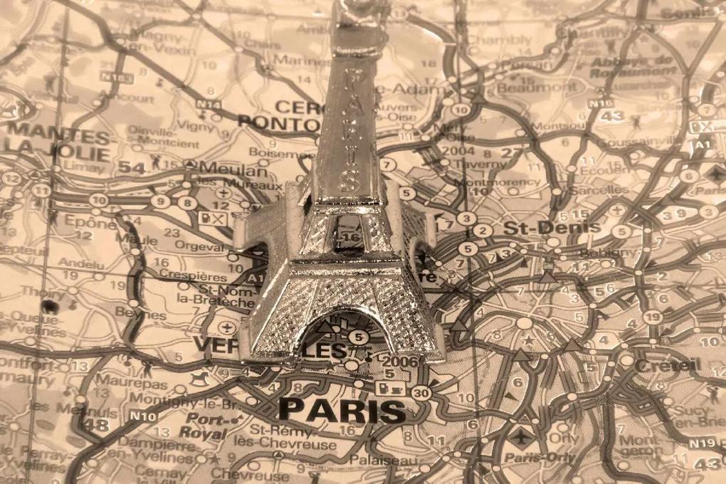 DIMEX | Vliesová fototapeta Eiffelova věž na mapě MS-5-1545 | 375 x 250 cm| béžová, žlutá, metalická