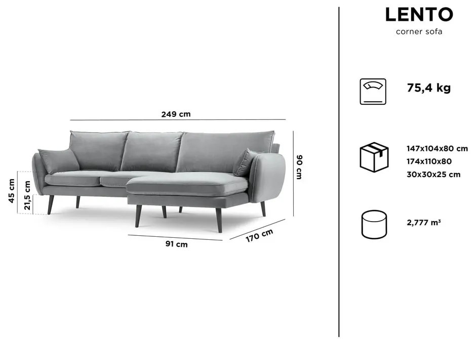 Zelená sametová rohová pohovka s černými nohami Kooko Home Lento, pravý roh